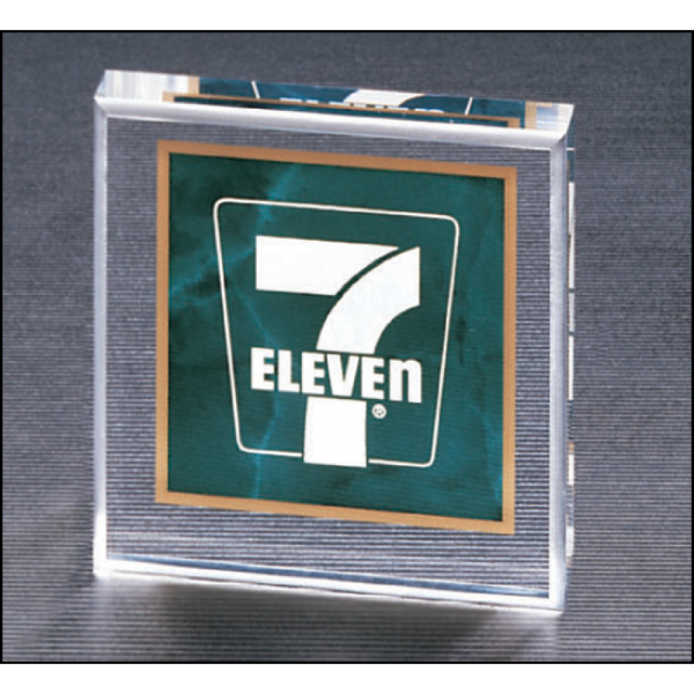 3/4" thick polished acrylic paperweight with a marble design center in ...