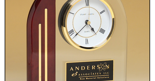 Arch clock with glass upright and rosewood piano-finish post and base
