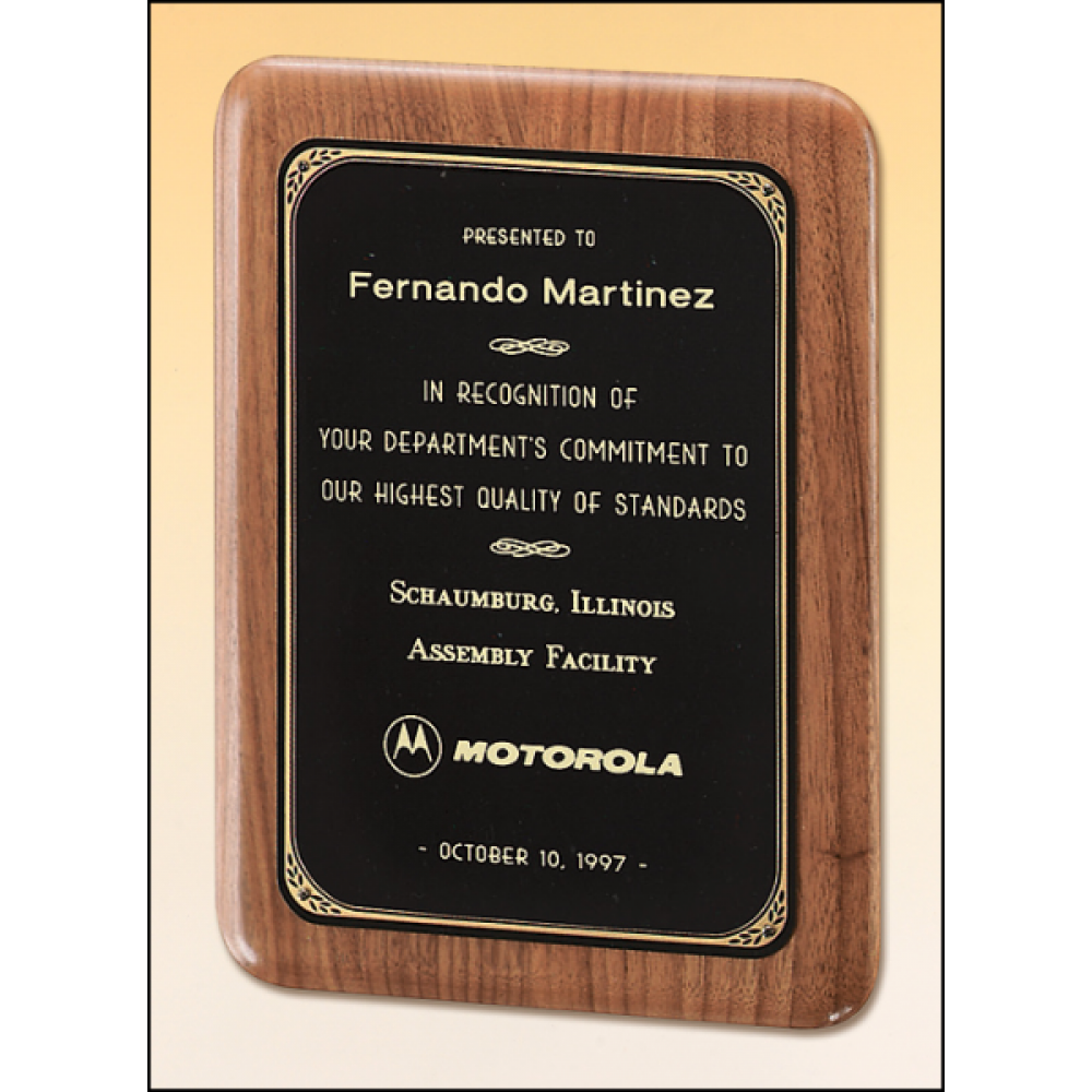 Solid American walnut plaque with a precision elliptical edge and a black or brushed brass plate ...